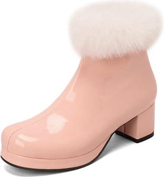 Generic Bottines dhiver en cuir synth&eacute;tique verni avec fermeture &eacute;clair lat&eacute;rale et bordure en fausse fourrure pour femme - Confortables &agrave; bout rond et talon 