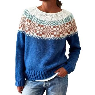 Generic Pull jacquard amusant pour femme - Motif géométrique nordique - Pull dhiver chaud - Col rond - Tricot fin - Pour les vacances, bleu, XXL