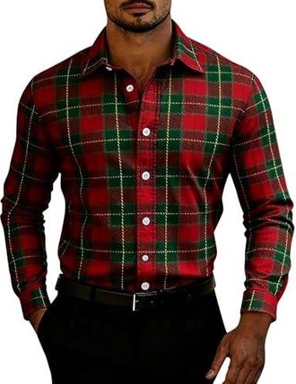 Generic Chemise de Noël pour homme, chemise de Père Noël amusante, chemise boutonnée, renne et bonhomme de neige, t-shirt à manches longues, pull arbre de Noë