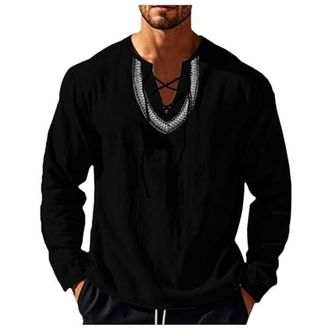 Generic T-shirt pour homme - Pull ample r&eacute;tro - Style ethnique d&eacute;contract&eacute; - Manches longues - Lin - Col montant, Noir, XXL