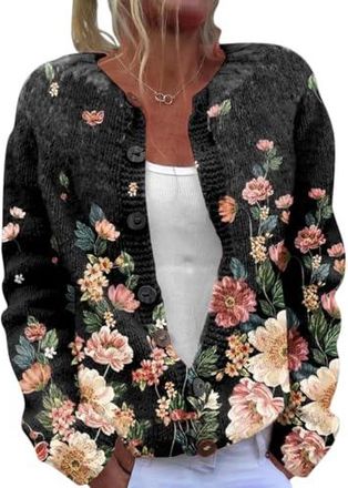 Onsoyours Femme Cardigan Manches Longues Mode Veste Courte Lâché Gilets en Tricot Imprimé Chandail Chaud Bouton Ouvert Blouson Sweater Automne Hiver Manteau Cha