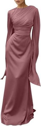 Generic Robe De Soiree Femme Manches Longues, Robe Sexy Femme Satin Chic Et Elegant Taille Haute Coupe Slim Vintage Portefeuille Longue Dress Couleur Unie L&eacute;g