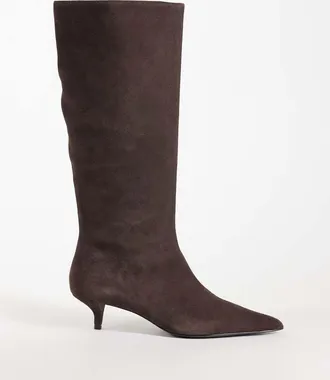 Mango 100 % Leder-Wildleder-Kniehochstiefel mit Kitten-Heel in Schokobraun