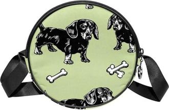 Generic Petit sac &agrave; bandouli&egrave;re circulaire pour femme, motif teckel avec fermeture &eacute;clair, bretelles r&eacute;glables, sac &agrave; main rond d&eacute;contract&eacute; pour femmes et fil