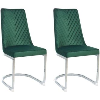 Beliani Freischwinger Stuhl 2er Set Grün Samtstoff mit hoher Rückenlehne Metallgestell Modernes Design für Ess-, Wohn- und Arbeitszimmer