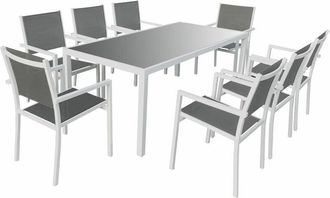 Happy Garden Salon de jardin BARI en textil&egrave;ne gris 8 places - aluminium blanc