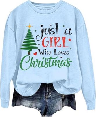 Generic Sweat à capuche à manches longues et col rond pour femme Motif arbre de Noël 2026, bleu clair, XXL