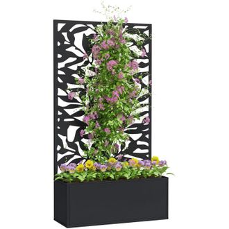 OUTSUNNY Jardini&egrave;re treillis haut design graphique feuilles - 61 x 23 x 113 cm - m&eacute;tal thermolaqu&eacute; noir
