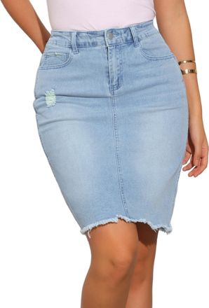 Allegra K Damen Jeansrock Knielang Hohe Taille Gerader Rock Ripped Saum R&ouml;cke Hellblau XS
