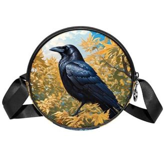 Generic Sac &agrave; bandouli&egrave;re rond pour femme, petit sac &agrave; bandouli&egrave;re avec fermeture &eacute;clair, bretelles r&eacute;glables, style d&eacute;contract&eacute;, motif corbeau