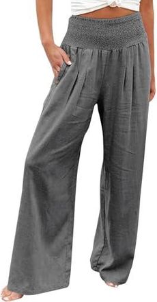 Generic Pantalon d&eacute;t&eacute; Palazzo en lin pour femme - Pantalon de loisirs en coton et lin - Taille haute - Pantalon daffaires l&eacute;ger et a&eacute;r&eacute; - Pantalon d&eacute;t&eacute; long e