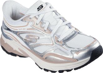 Skechers Damen Stamina SportSneaker, Silbernes Duraleather wei&szlig;es Netzgewebe mit rosa R&auml;ndern, 38 EU