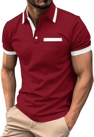 Generic Polo classique &agrave; boutons pour homme, coupe classique, v&ecirc;tement de travail d&eacute;contract&eacute;, chemise vintage, l&eacute;ger et respirant, tunique de vacances, Rouge