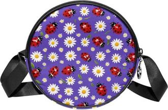 Generic Sac &agrave; bandouli&egrave;re rond pour femme, motif coccinelles, fleurs, petit sac &agrave; bandouli&egrave;re avec fermeture &eacute;clair, bretelles r&eacute;glables, sac &agrave; main rond d&eacute;co