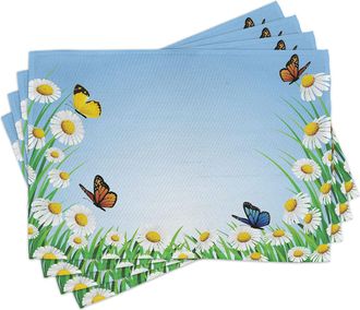 Abakuhaus Schmetterling Platzmatten, Gänseblümchen mit Schmetterlingen auf szenischen Himmel Kamillen Tier Natur Glück Kunst, Tiscjdeco aus Farbfesten Stoff für