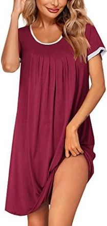Ekouaer Chemise de Nuit Femme Grande Taille Casual Robe de Nuit Manches Courtes Nuisette Sexy Sensuelle Devant Plissé Doux, Rouge Vineux, XL