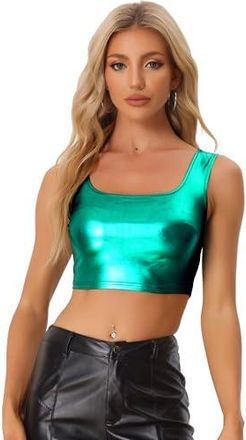 Allegra K Haut Court métallisé pour Femme, débardeur de fête sans Manches, Brillant, Haut à Ventre Nu Vert S
