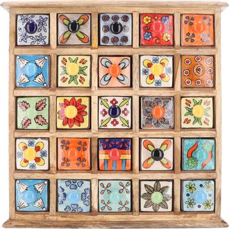 Guru Shop Apothekerschränkchen mit Bunten Keramik Schubfächern, Gewürzkiste - 5x5 Fächer, 40x38x10 cm