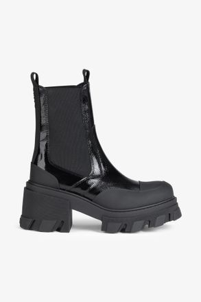 Ganni Bottes Chelsea mi-hautes à talon et semelle crantée en cuir verni noir