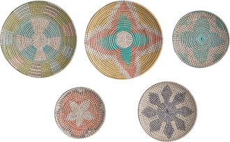 Beliani Wanddeko Seegras bunt geflochten Wandk&ouml;rbe 5er Set Kreise Boho Sonla