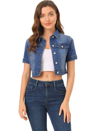 Allegra K Damen Jeansjacke Kurzarm Kurz Cropped Jeansjacken Knopfleiste Crop Jacket Kurze Denim Jacke Blau XS