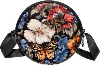Generic Sac &agrave; bandouli&egrave;re rond pour femme, motif fleurs et papillons, sac &agrave; dos avec fermeture &eacute;clair, bretelles r&eacute;glables, sac &agrave; main rond d&eacute;contract&eacute; pour f