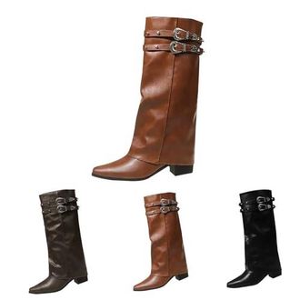 Generic Bottes pliantes pour femme - Bout pointu - Avec boucle réglable - Talon bas - Chaussures à enfiler confortables en cuir antidérapant, marron, 40 EU