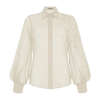 D.exterior Femme, Blouses et Chemises, Beige, Taille: 38 FR Chemise en tulle avec applications de dentelle