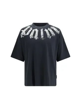 Palm Angels Mens T-Shirt Big Neck Logo Black-Off White Cotton T-Shirts Black/off And Polos
