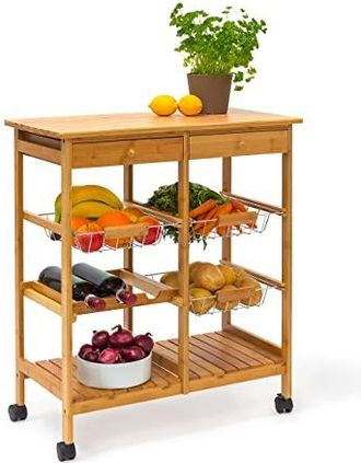 Relaxdays K&uuml;chenrollwagen James XXL H x B x T: ca. 80 x 67 x 37 cm Servierwagen mit Ablagen aus Bambus mit 2 Schubladen und 3 K&ouml;rben als rollbarer K&uuml;chenwagen m