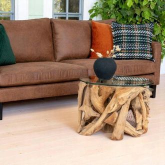 Pier Import Pier Import - Bout de canapé rond en racine de teck - plateau verre arizona