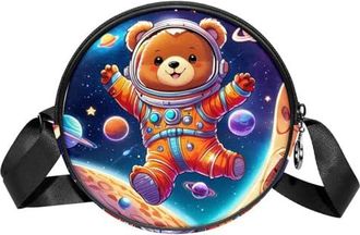 Generic Petit sac &agrave; bandouli&egrave;re rond pour femme, motif ours dans lespace, sac &agrave; dos avec fermeture &eacute;clair, bretelles r&eacute;glables, sac &agrave; main rond d&eacute;contract&eacute; po
