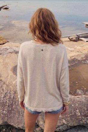 Zaubermond Strickpullover Damen Lockerer Boho Pullover mit V-Ausschnitt & Fransen Beige