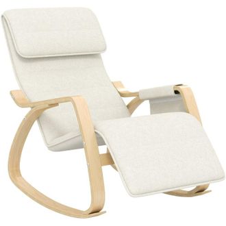 HOMCOM Homcom - Fauteuil à bascule - fauteuil relax repose-pied réglable, poche rangement, tétière - bois tissu beige clair