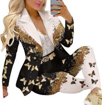 ORANDESIGNE Damen Zweiteiliger Anzug Set Revers Business Büro Einfarbig Blazer Langarm Anzugjacke Hosenanzug Slim Fit Shorts 2 Stück Anzugsets A Apricot Schwarz X