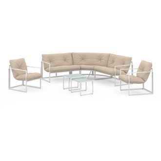 IDMarket Salon de jardin bas NAIROBI 8 places salon dangle en acier blanc et coussins beiges