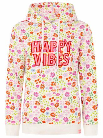 Zwillingsherz Hoodie AOP Flower Happy Vibes All-Over-Print, gestickter Schriftzug, Kapuze, elastische B&uuml;ndchen