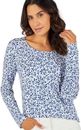 Damart Pull Maille Fine Uni Ou Imprim&eacute;, Femme, Col Rond, Bleu Fleuri, 46/48