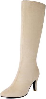 Generic Femmes Bout Pointu Chic Bottes À Haut De Genou Mid Kitten Talons Côté Fermeture Éclair Élégante Soirée Soirée Bal Chaussures Habillées,Apricot,47 EU