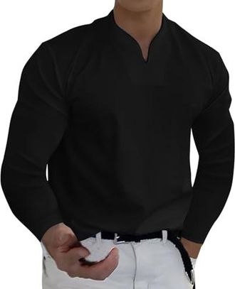 Generic T-shirt homme printemps et hiver d&eacute;contract&eacute; col en V solide manches longues t-shirt top chemisier, Noir, XXL