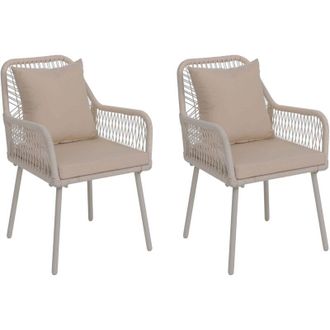 Hhg [NEUWERTIG] 2er-Set Gartenstuhl HHG-475, Outdoor Sitz-/R&uuml;ckenpolster Aluminium Seilgeflecht Rope creme, Bezug creme