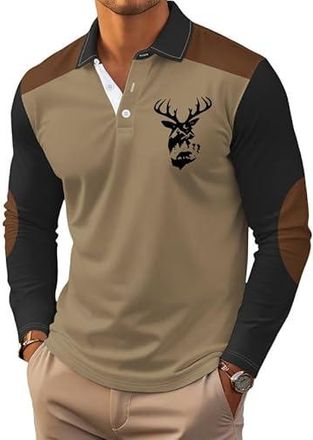 Keephen Hommes Cerf Polo Imprim&eacute; 3D Chemises Manches Longues R&eacute;tro Sweatshirts D&eacute;contract&eacute;s Col &agrave; Revers Demi-Bouton T-Shirts de Plein Air