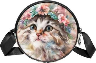 Generic Petit sac &agrave; bandouli&egrave;re rond pour femme, motif chat et fleur, sac &agrave; dos avec fermeture &eacute;clair, bretelles r&eacute;glables, sac &agrave; main rond d&eacute;contract&eacute; pour f