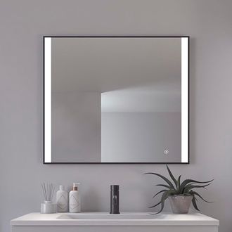 Loevschall Libra Modernes Badspiegel mit Beleuchtung, 80x70 cm, Quadratischer Spiegel, Smart Mirror mit Touch-Schalter, Schwarzer Rahmen, Badezimmer Spiegel mit 