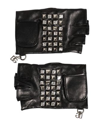 Dolce & Gabbana Black Leather Studded Fingerless Hand Mitten Men Gloves Lamb