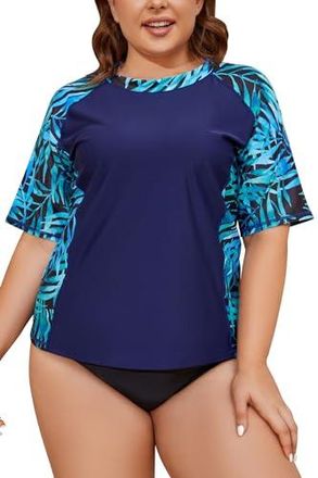 SHEKINI Haut rashguard &agrave; manches courtes pour femme - Protection solaire - S&eacute;chage rapide - L&eacute;ger - Grande taille, bleu, 5XL Grande taille