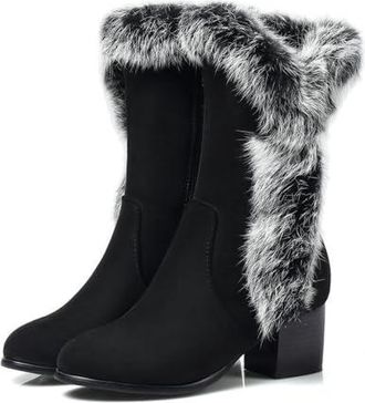 Generic Bottes de neige dhiver pour femme en daim synthétique doublé en peluche mi-mollet confortable talon bloc décontracté robe chaussures de fête, Noir, 39