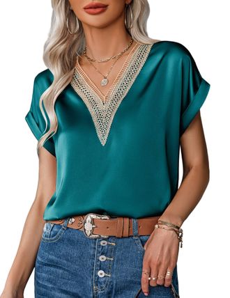 Zeagoo Bluse Damen Sommer Kurzarm Shirt Satin V-Ausschnitt Oberteile Leicht Blusenshirt Elegant Tunika Top T&uuml;rkis S