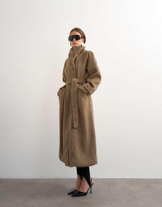 Topshop veste trench longue habill&eacute;e en moka-Marron