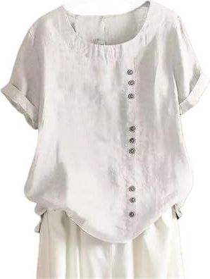 Generic Chemise d&eacute;contract&eacute;e en lin &agrave; manches courtes et col rond pour femme - Pull d&eacute;t&eacute; r&eacute;tro &agrave; manches roul&eacute;es - Haut &agrave; col rond, WHITE-A, 5XL